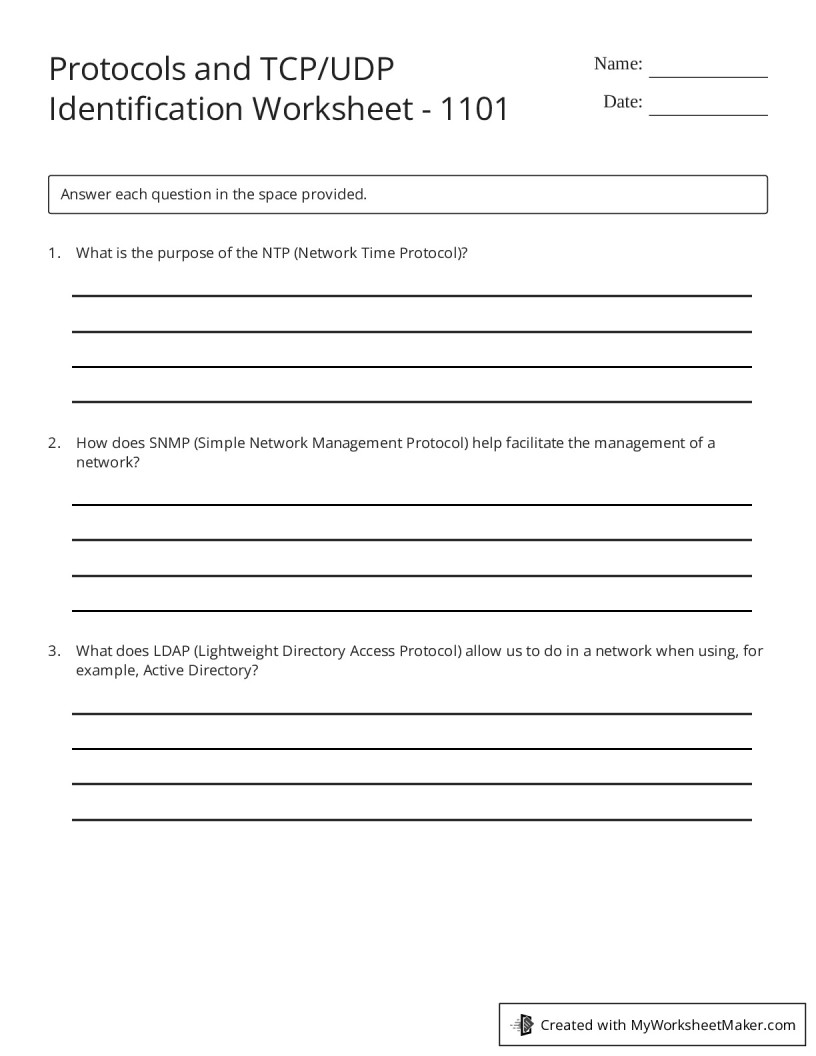 Protocols and TCP/UDP Identification Worksheet - 1101 - My Worksheet Maker: Create Your Own ...