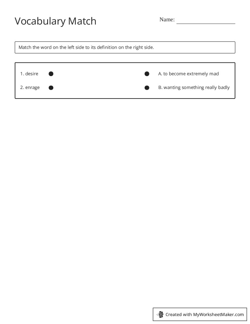 Vocabulary Match - My Worksheet Maker: Create Your Own Worksheets