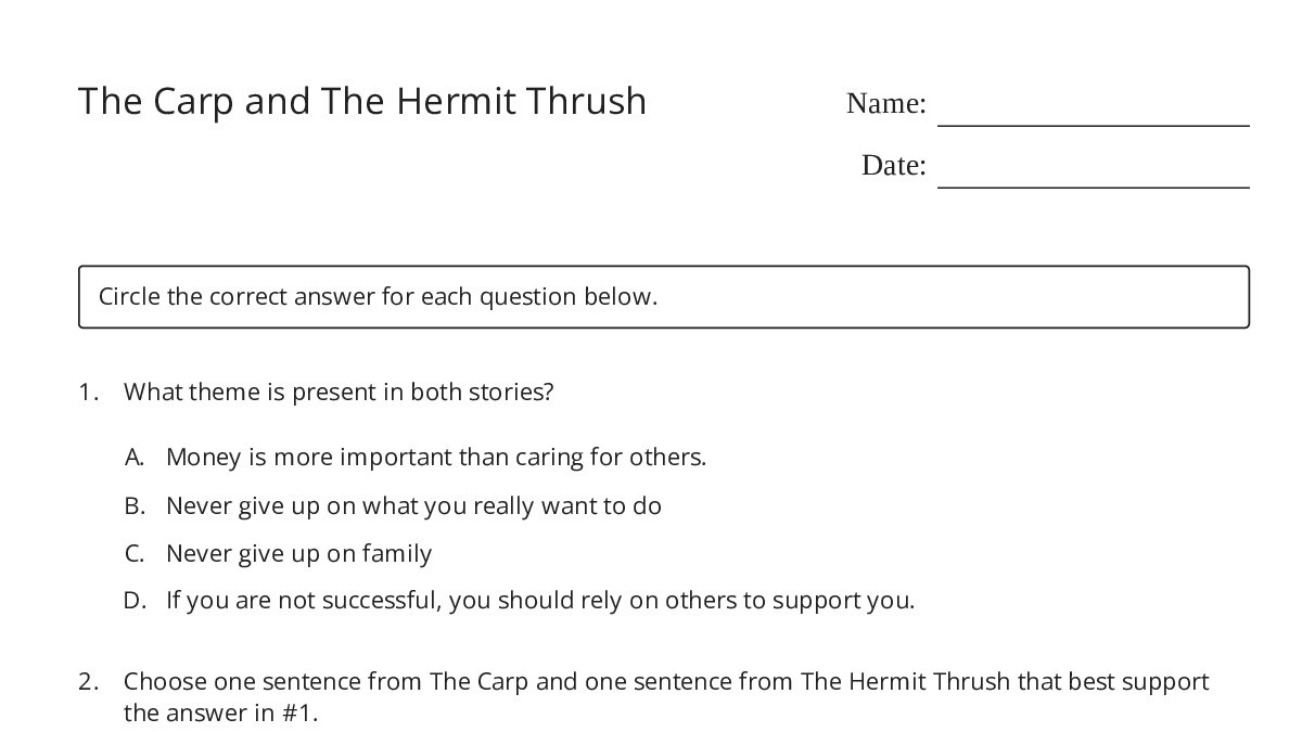 The Carp and The Hermit Thrush - My Worksheet Maker: Create Your Own ...