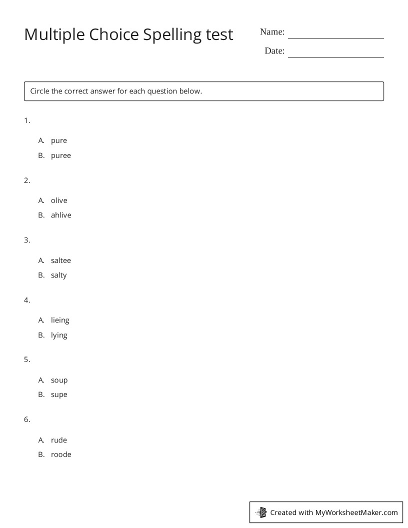 Multiple Choice Spelling test - My Worksheet Maker: Create Your Own ...