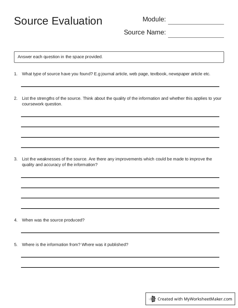Source Evaluation - My Worksheet Maker: Create Your Own Worksheets