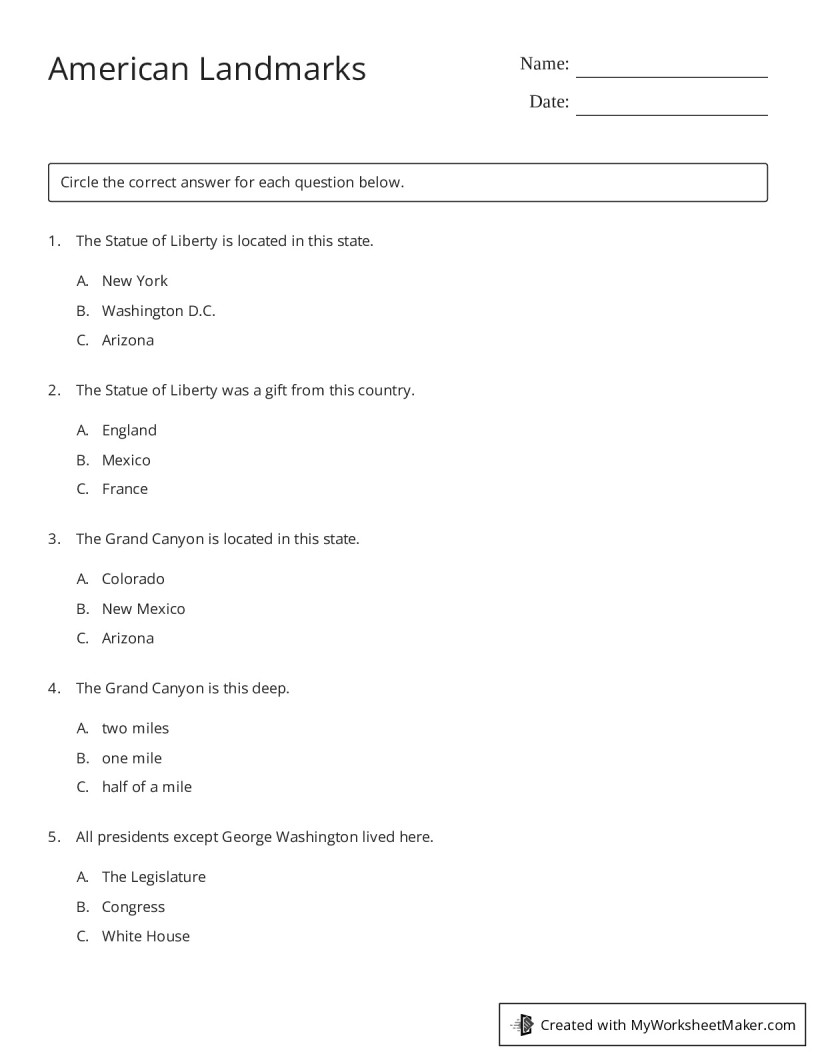 American Landmarks - My Worksheet Maker: Create Your Own Worksheets