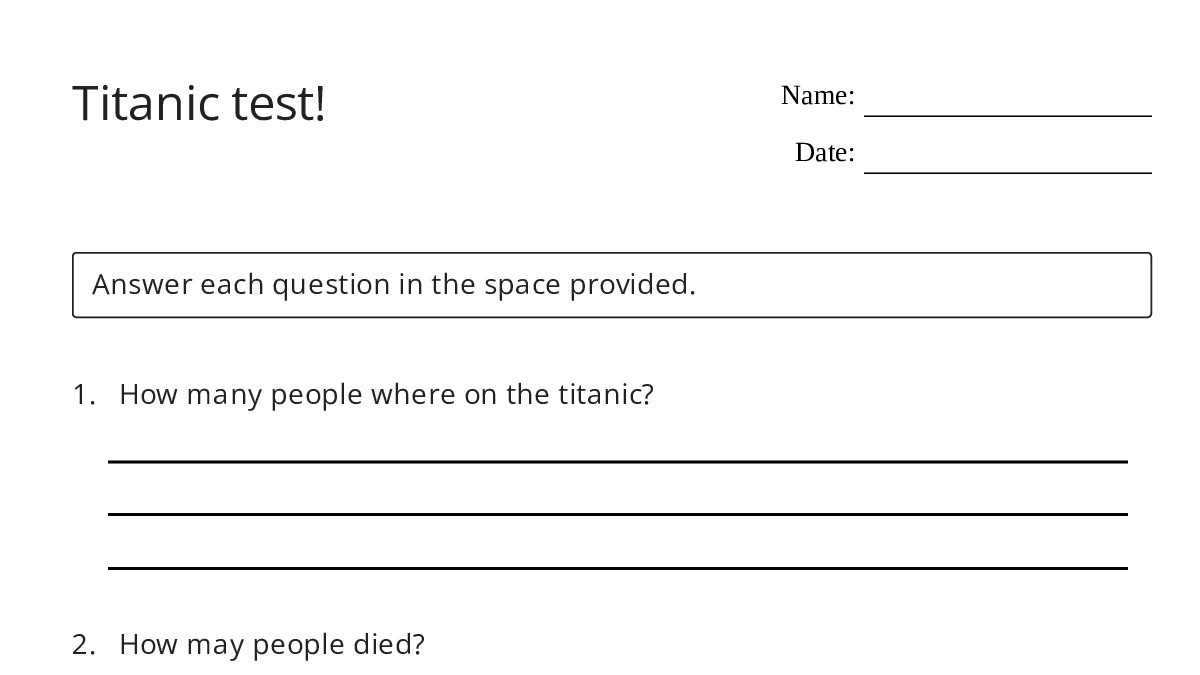 Titanic test! - My Worksheet Maker: Create Your Own Worksheets