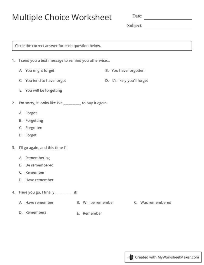 Multiple Choice Worksheet - My Worksheet Maker: Create Your Own Worksheets