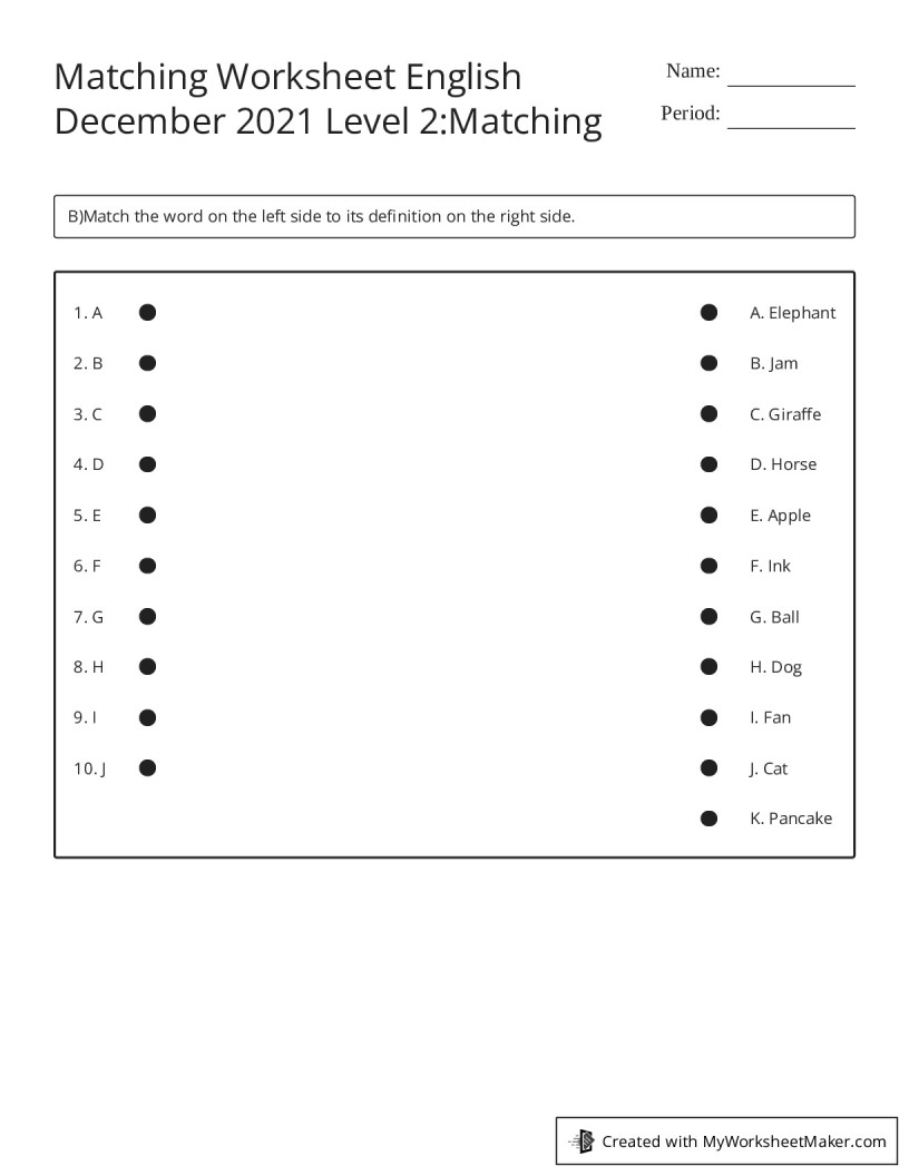 Matching Worksheet English December 2021 Level 2:Matching - My ...