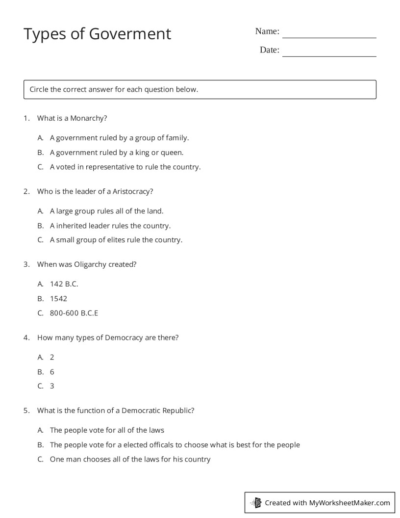 Types of Goverment - My Worksheet Maker: Create Your Own Worksheets