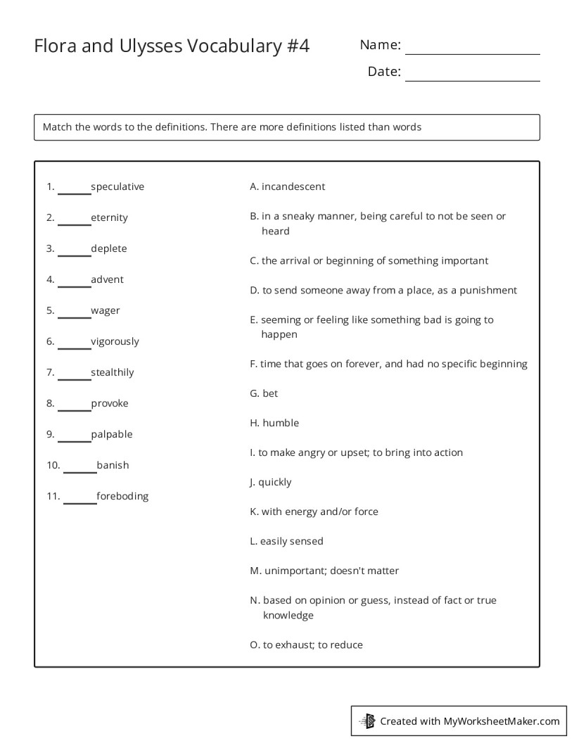 Flora and Ulysses Vocabulary #4 - My Worksheet Maker: Create Your Own ...