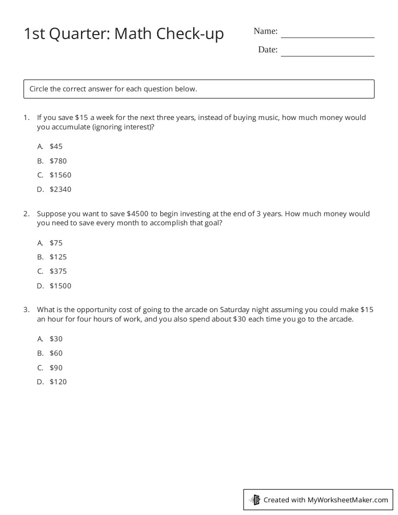 1st Quarter: Math Check-up - My Worksheet Maker: Create Your Own Worksheets