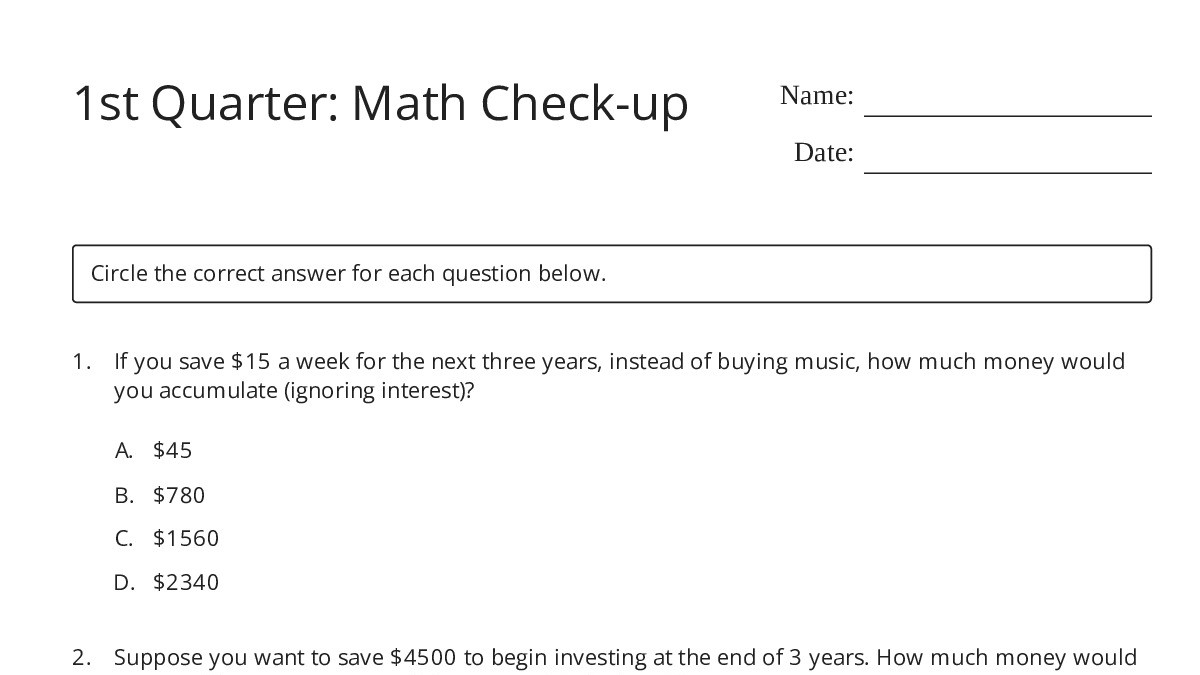 1st Quarter: Math Check-up - My Worksheet Maker: Create Your Own Worksheets