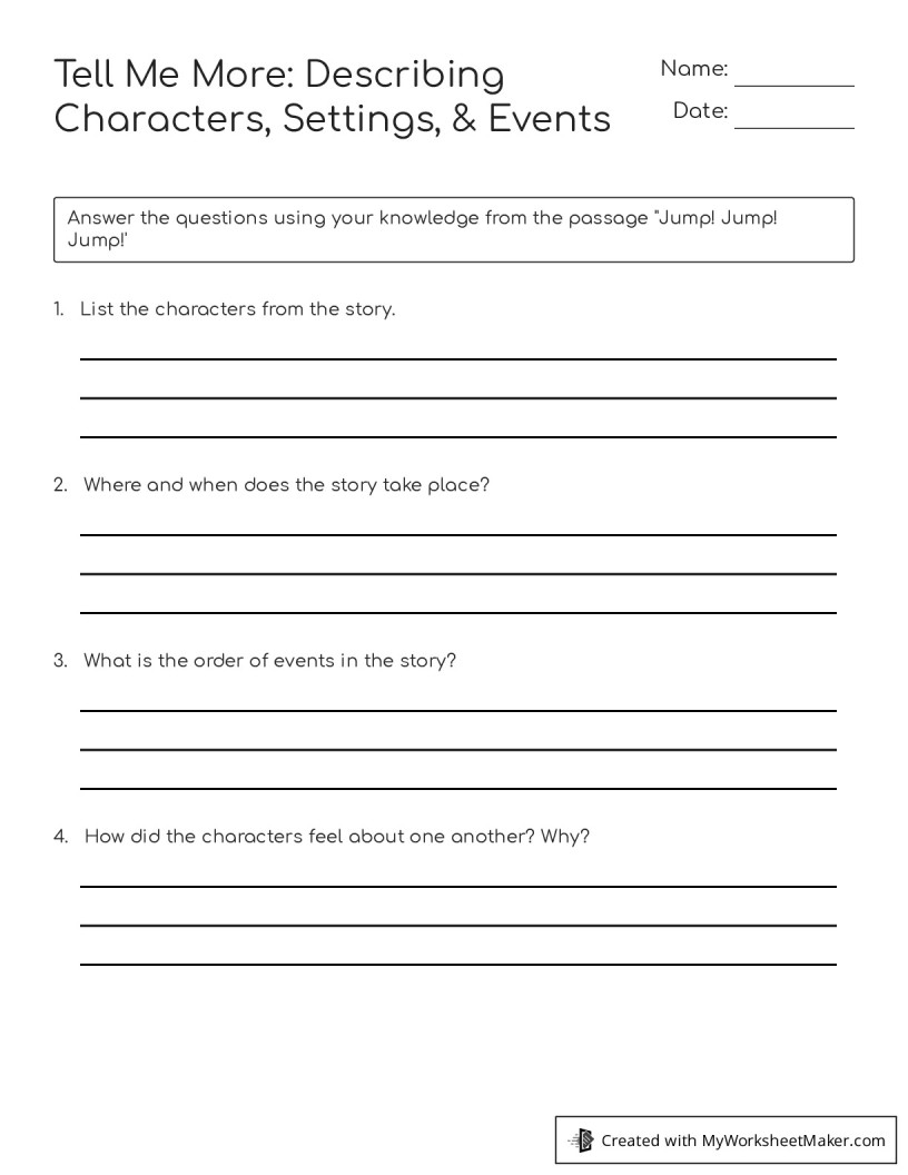 Tell Me More: Describing Characters, Settings, & Events - My Worksheet ...