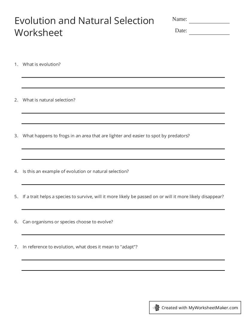 Evolution and Natural Selection Worksheet - My Worksheet Maker: Create ...