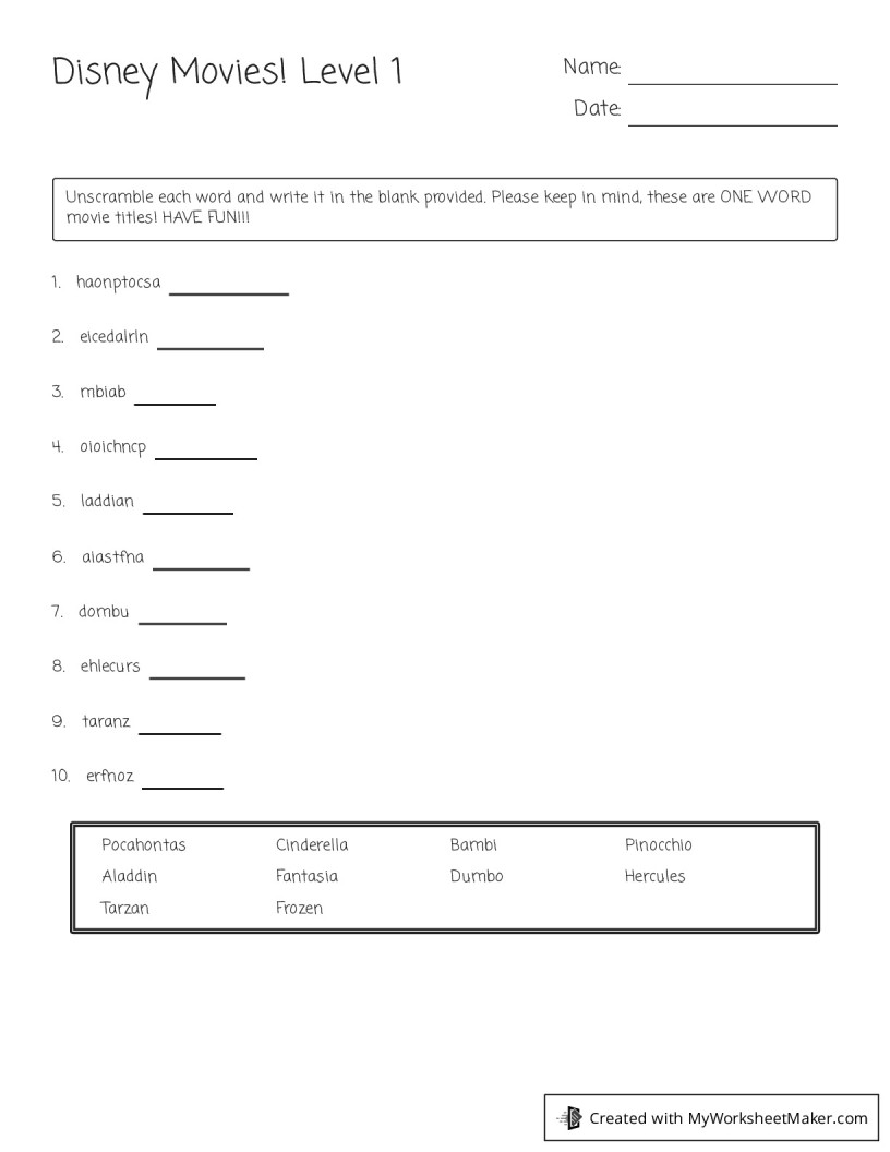 Disney Movies! Level 1 - My Worksheet Maker: Create Your Own Worksheets