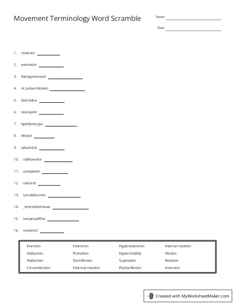 Movement Terminology Word Scramble - My Worksheet Maker: Create Your ...
