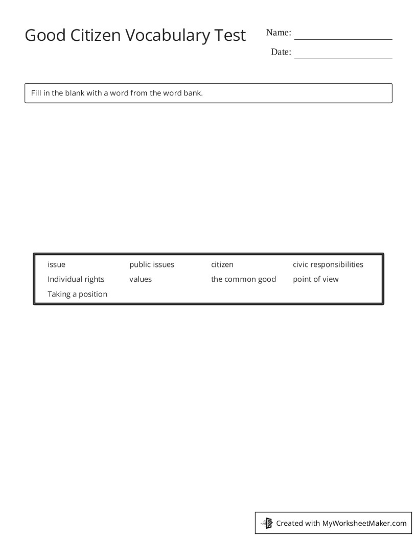 Good Citizen Vocabulary Test - My Worksheet Maker: Create Your Own ...