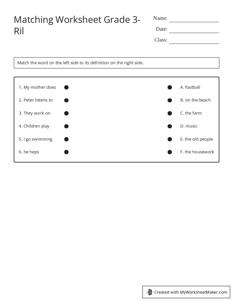Matching Worksheet Grade 3- Ril - My Worksheet Maker: Create Your Own ...