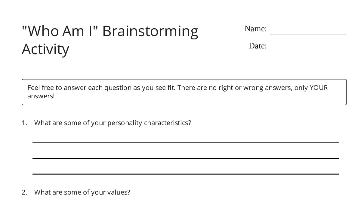 "Who Am I" Brainstorming Activity - My Worksheet Maker: Create Your Own ...