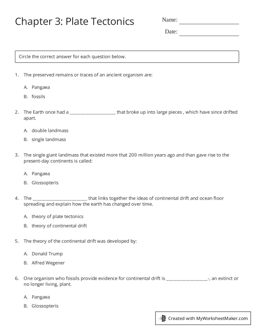Chapter 3: Plate Tectonics - My Worksheet Maker: Create Your Own Worksheets