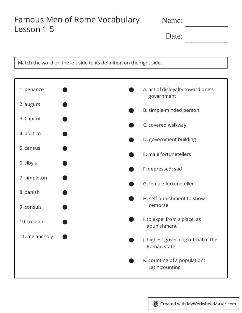 Famous Men of Rome Vocabulary Lesson 1-5 - My Worksheet Maker: Create ...