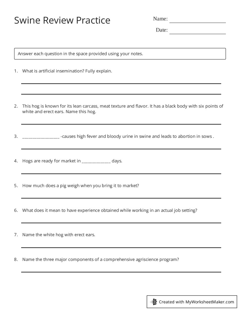 Swine Review Practice - My Worksheet Maker: Create Your Own Worksheets