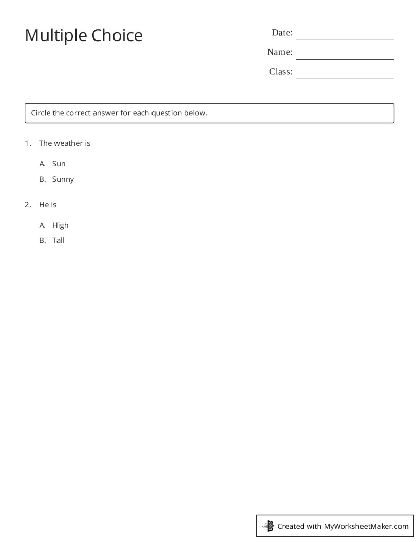 Multiple Choice - My Worksheet Maker: Create Your Own Worksheets