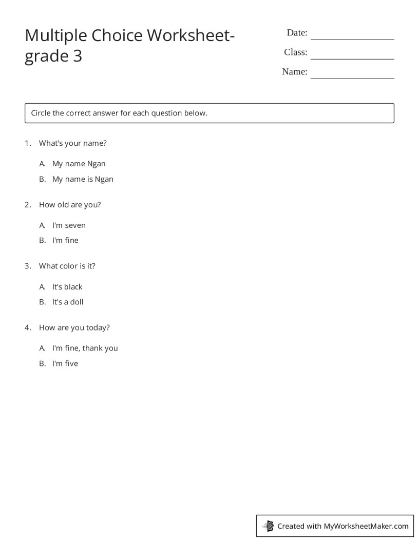 Multiple Choice Worksheet- grade 3 - My Worksheet Maker: Create Your ...