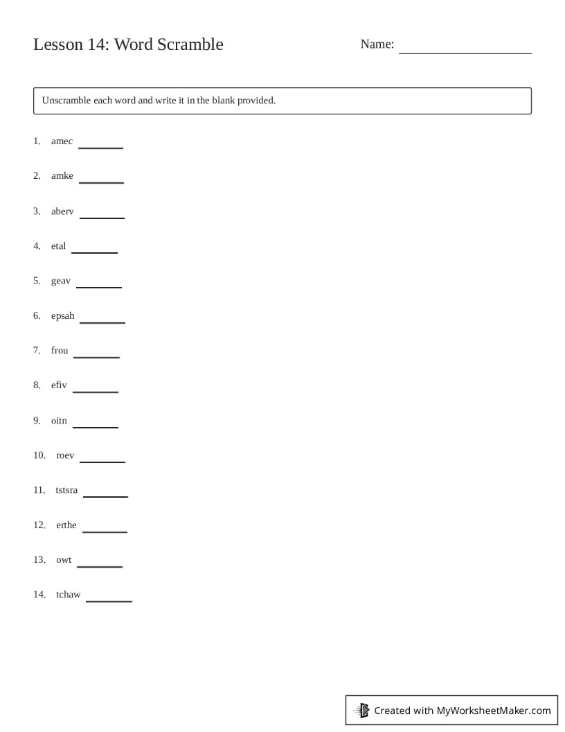 Lesson 14: Word Scramble - My Worksheet Maker: Create Your Own Worksheets