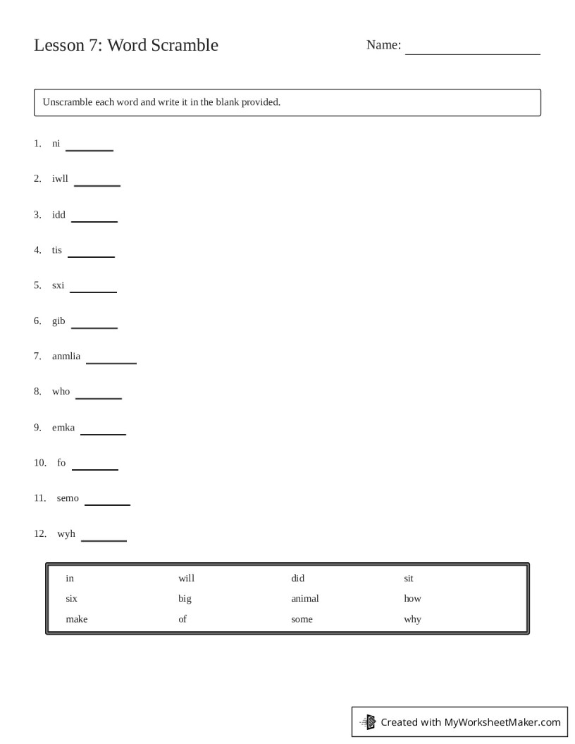Lesson 7: Word Scramble - My Worksheet Maker: Create Your Own Worksheets