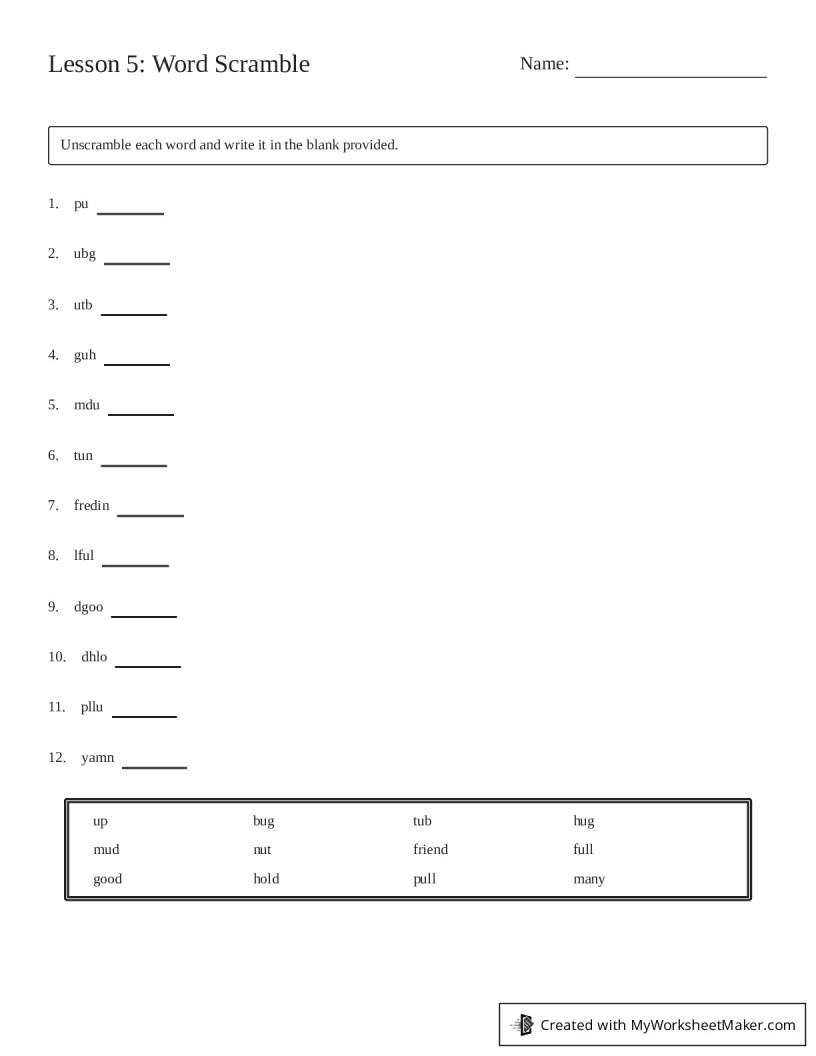 Lesson 5: Word Scramble - My Worksheet Maker: Create Your Own Worksheets