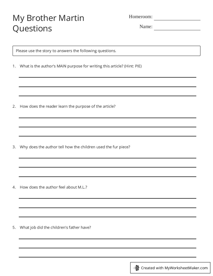 My Brother Martin Questions - My Worksheet Maker: Create Your Own ...