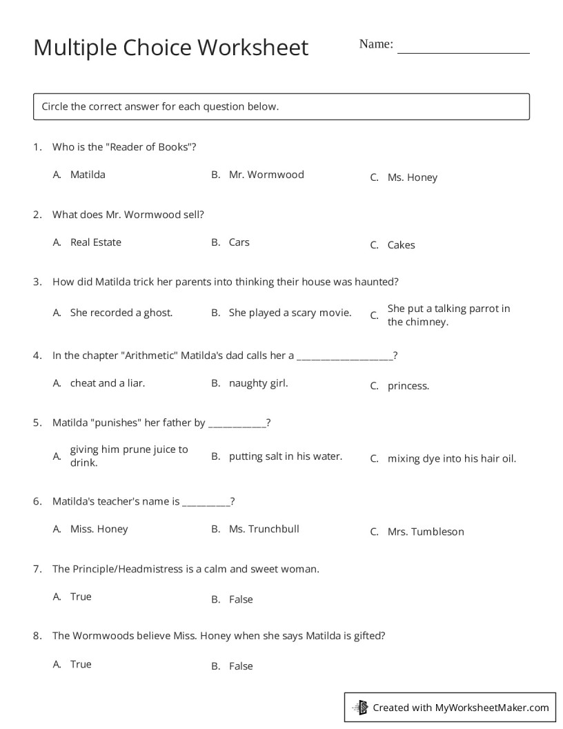 Multiple Choice Worksheet - My Worksheet Maker: Create Your Own Worksheets