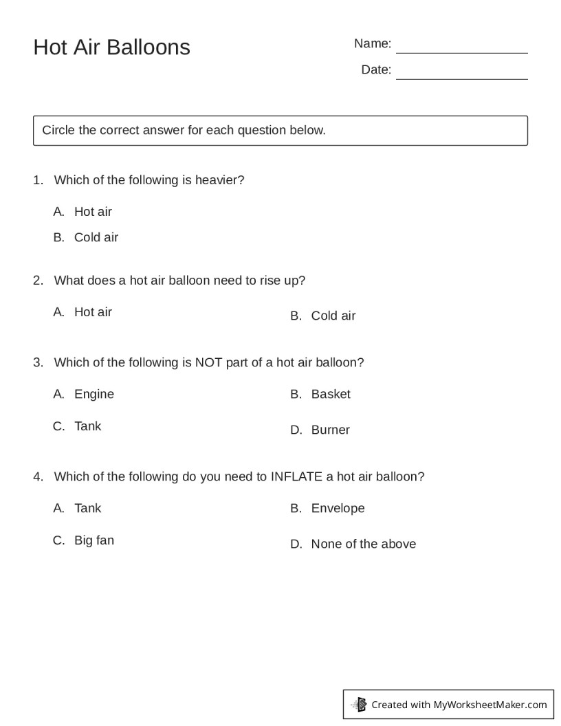 Hot Air Balloons - My Worksheet Maker: Create Your Own Worksheets