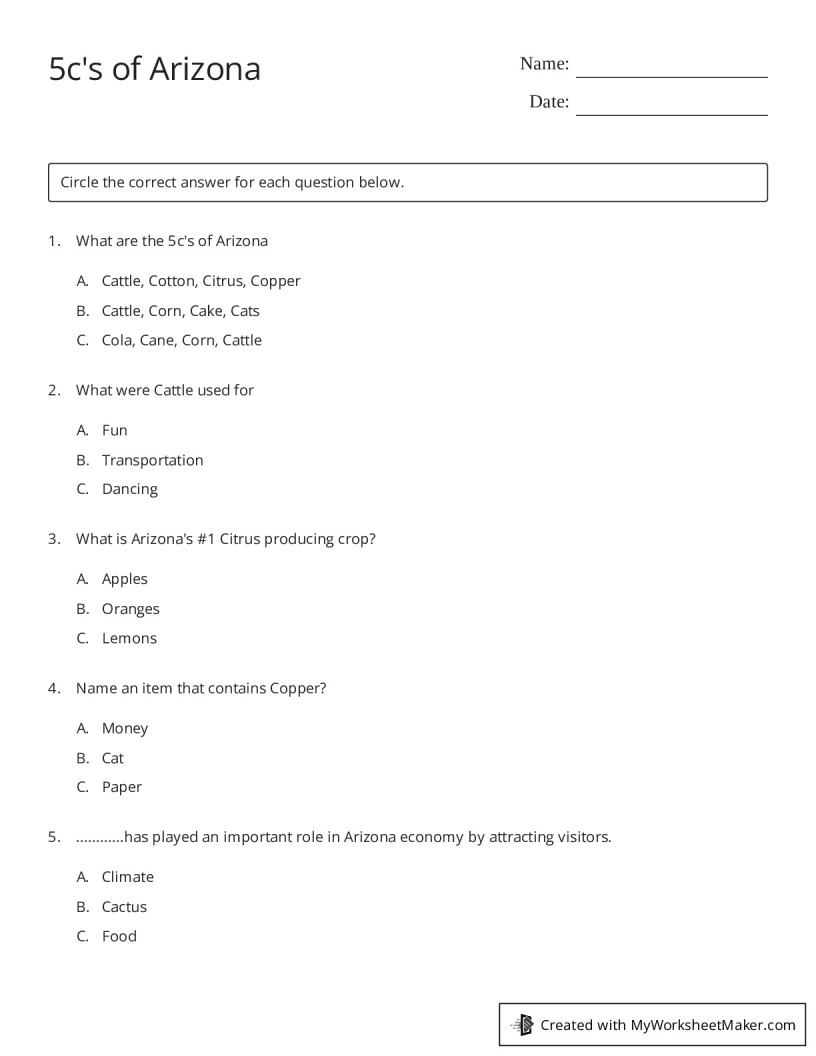 5c's of Arizona - My Worksheet Maker: Create Your Own Worksheets