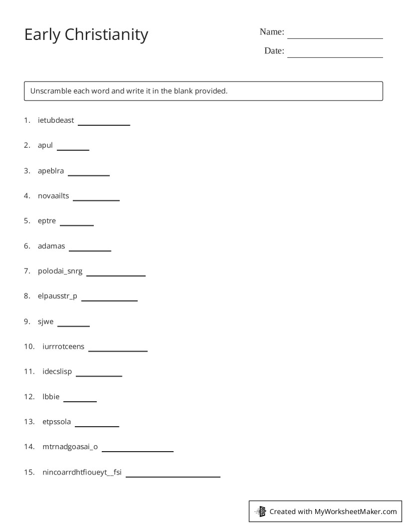 Early Christianity - My Worksheet Maker: Create Your Own Worksheets