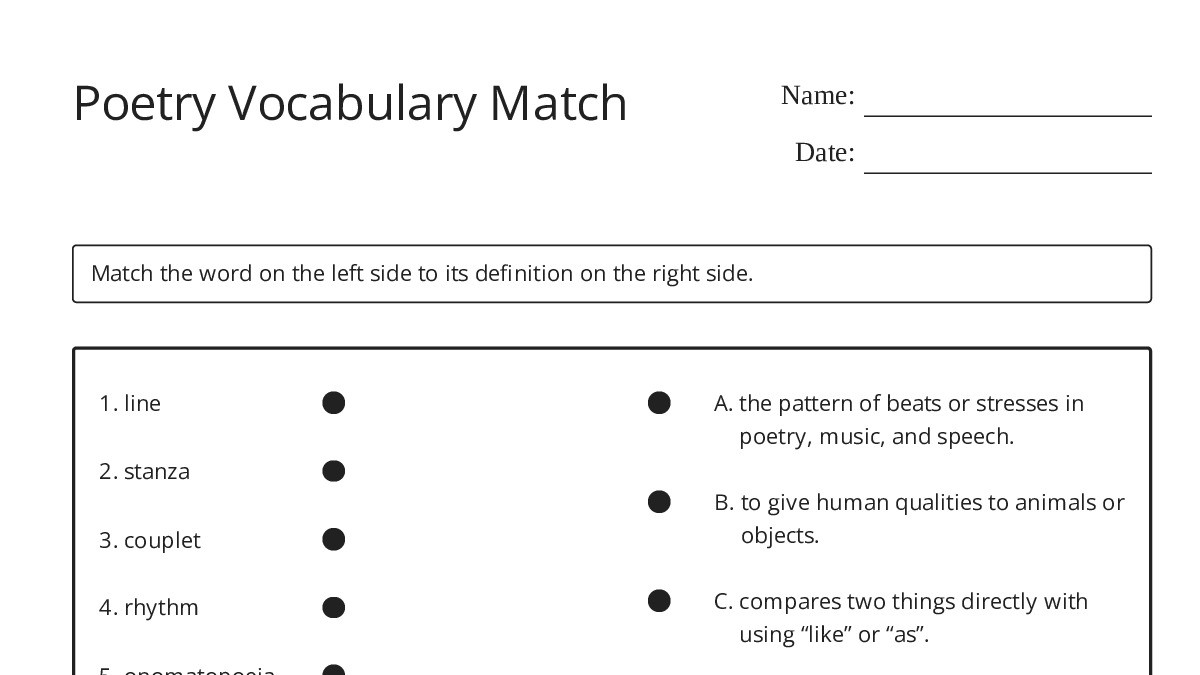 Poetry Vocabulary Match - My Worksheet Maker: Create Your Own Worksheets