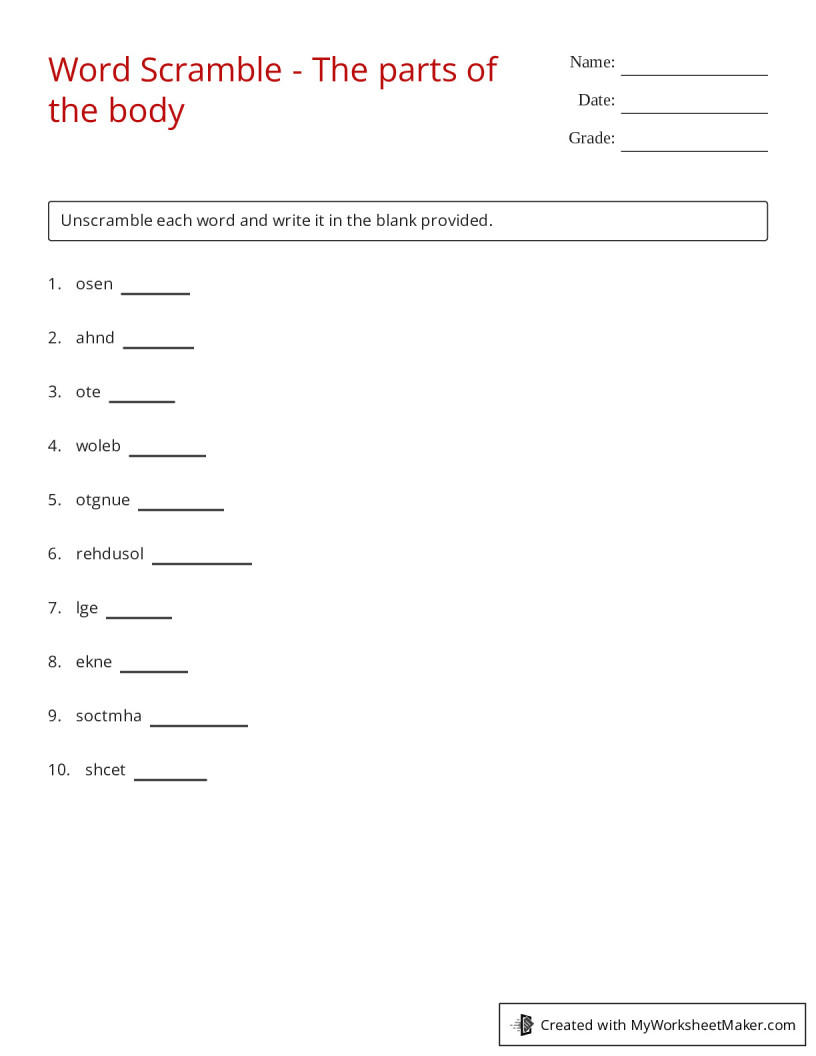 Word Scramble - The parts of the body - My Worksheet Maker: Create Your ...