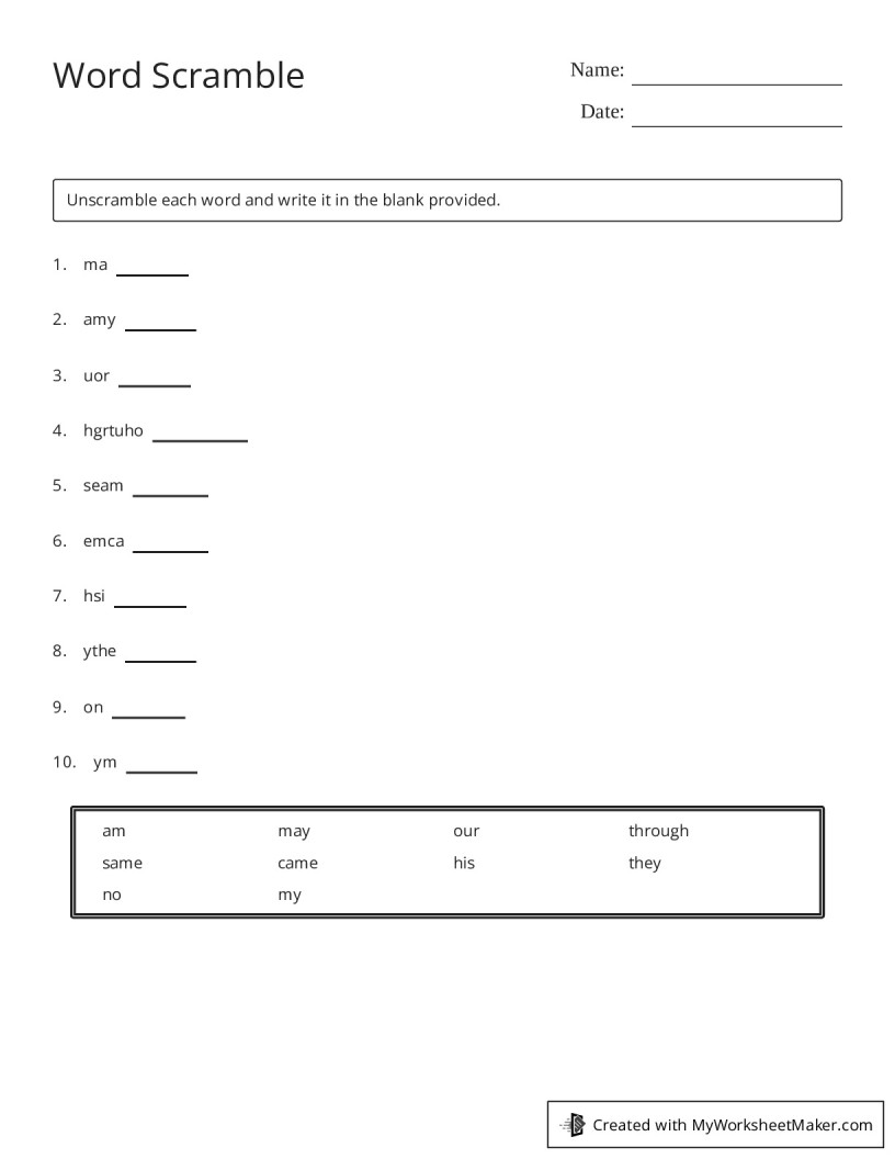 Word Scramble - My Worksheet Maker: Create Your Own Worksheets