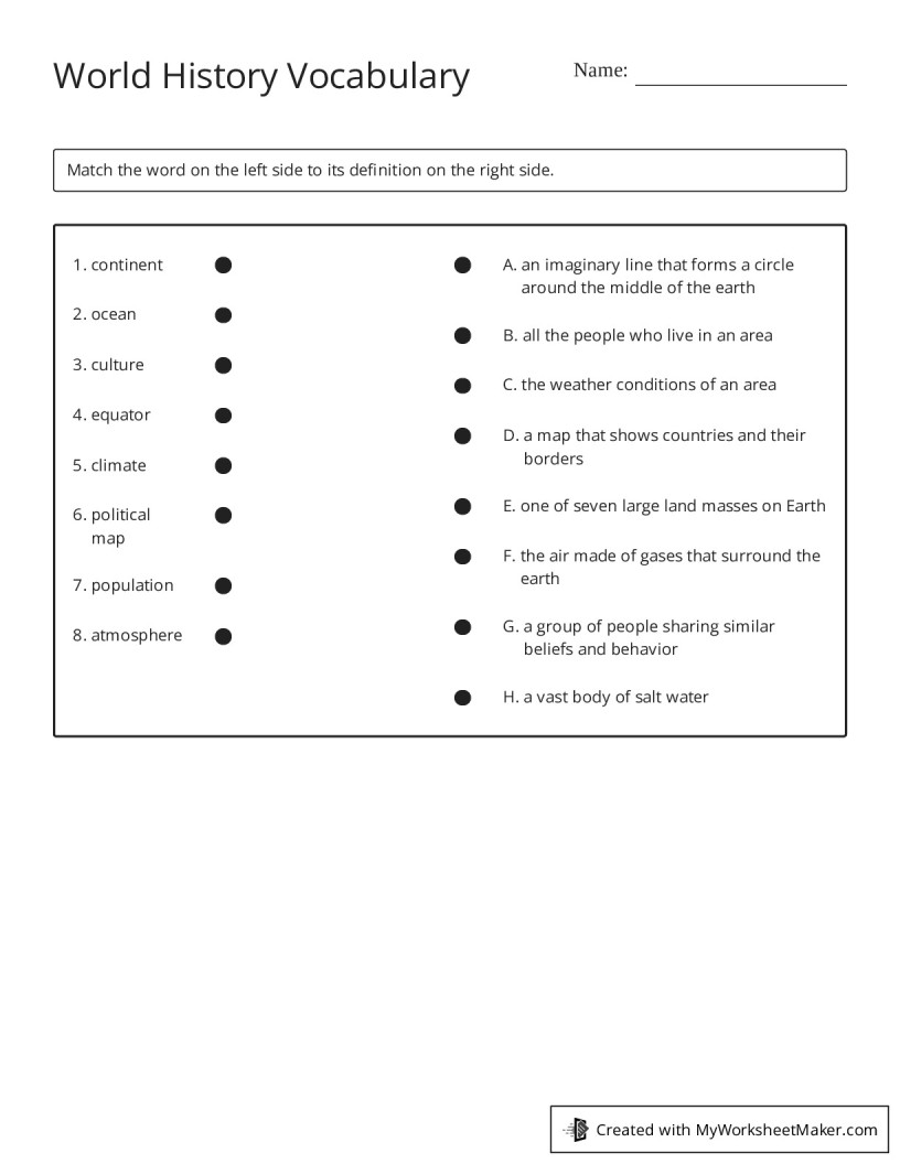 World History Vocabulary - My Worksheet Maker: Create Your Own Worksheets