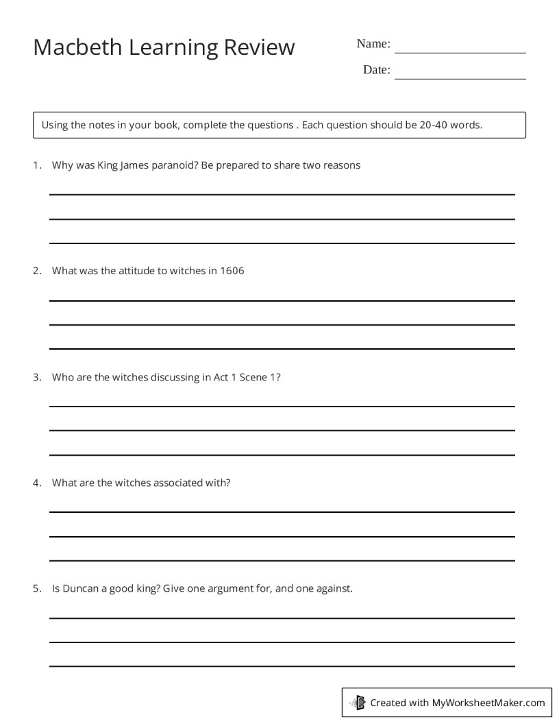 Macbeth Learning Review - My Worksheet Maker: Create Your Own Worksheets