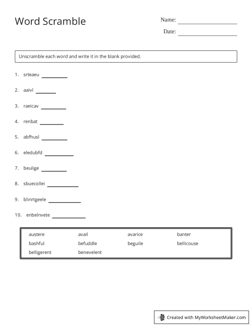 Word Scramble - My Worksheet Maker: Create Your Own Worksheets