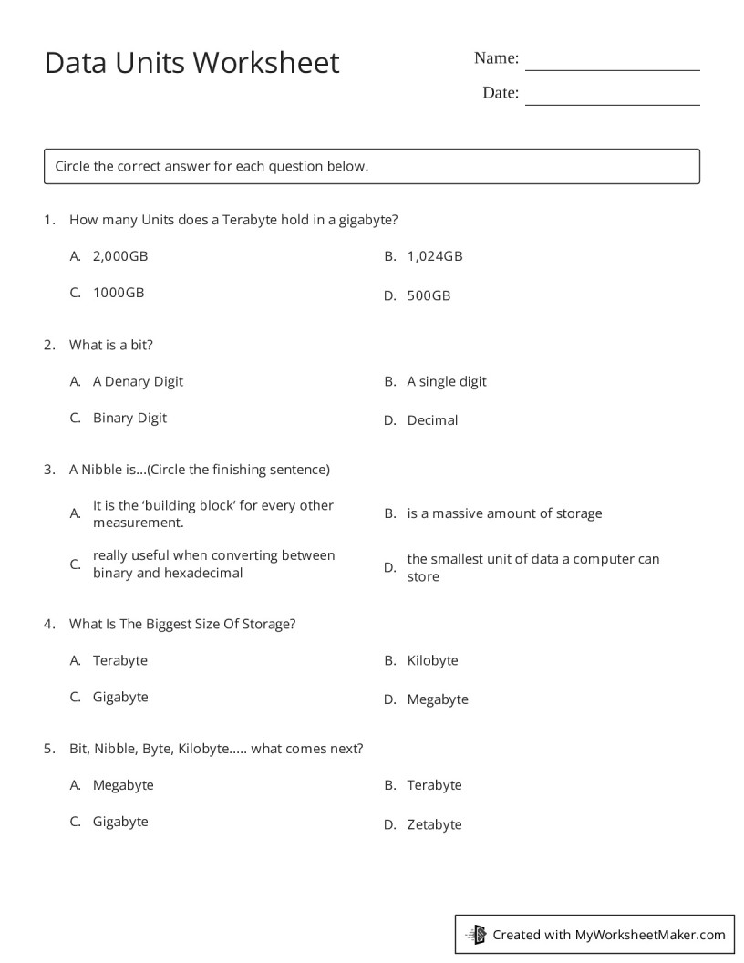 Data Units Worksheet - My Worksheet Maker: Create Your Own Worksheets