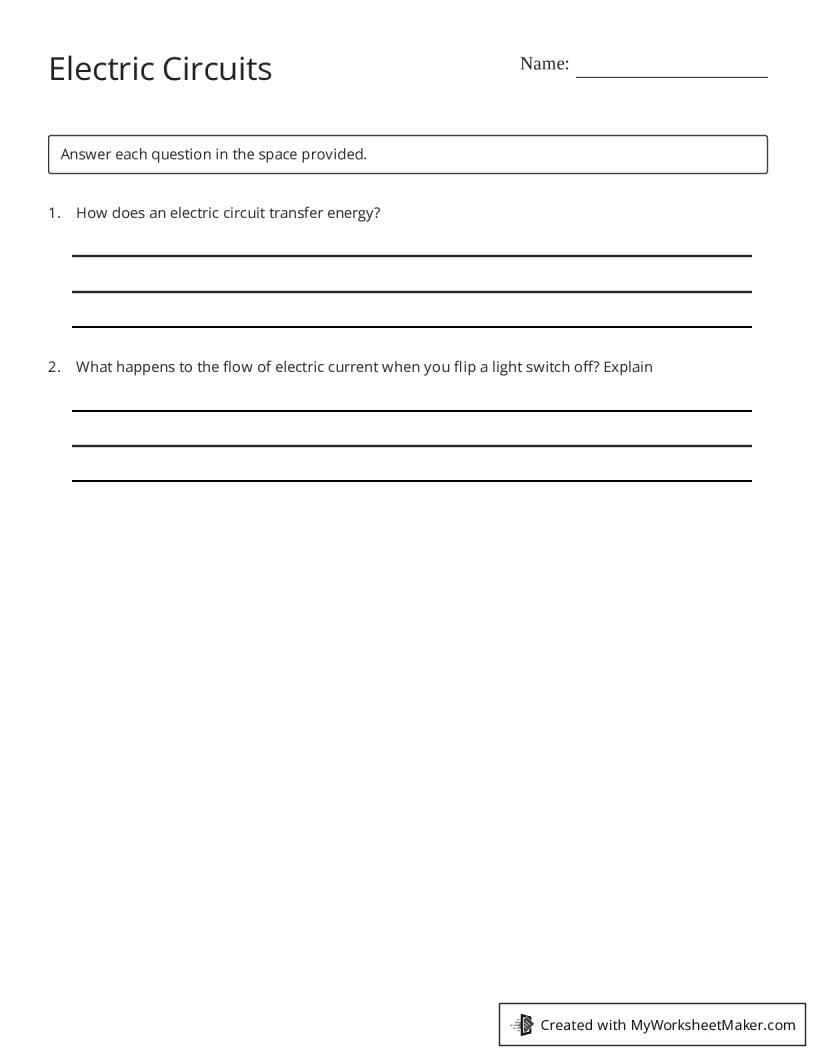 Electric Circuits - My Worksheet Maker: Create Your Own Worksheets