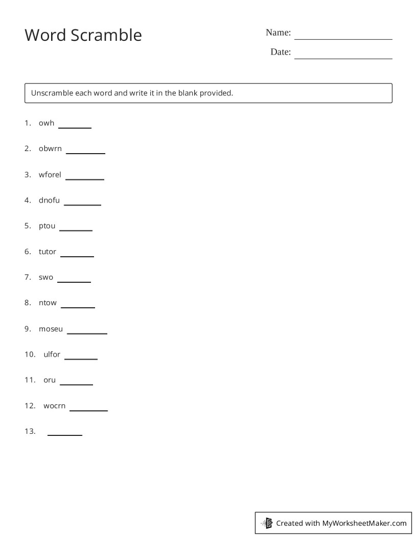Word Scramble - My Worksheet Maker: Create Your Own Worksheets