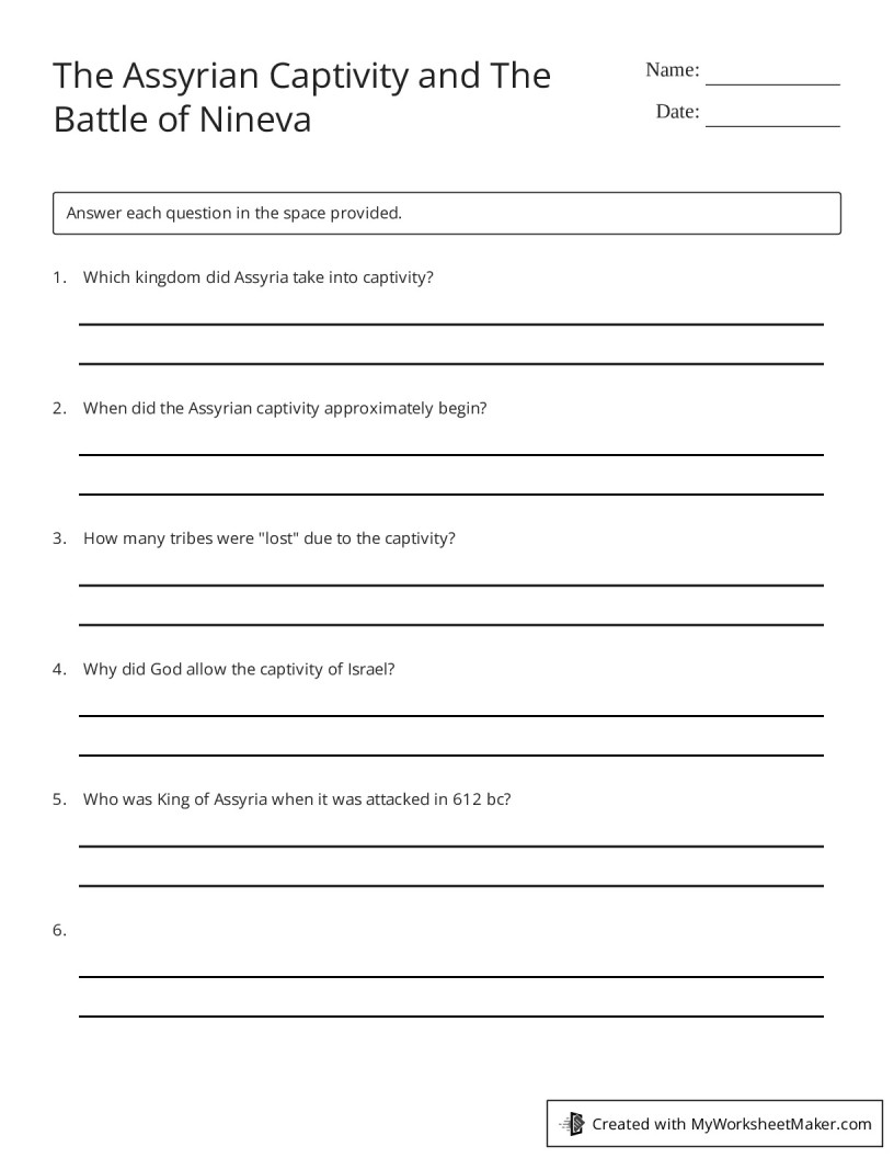 The Assyrian Captivity and The Battle of Nineva - My Worksheet Maker ...