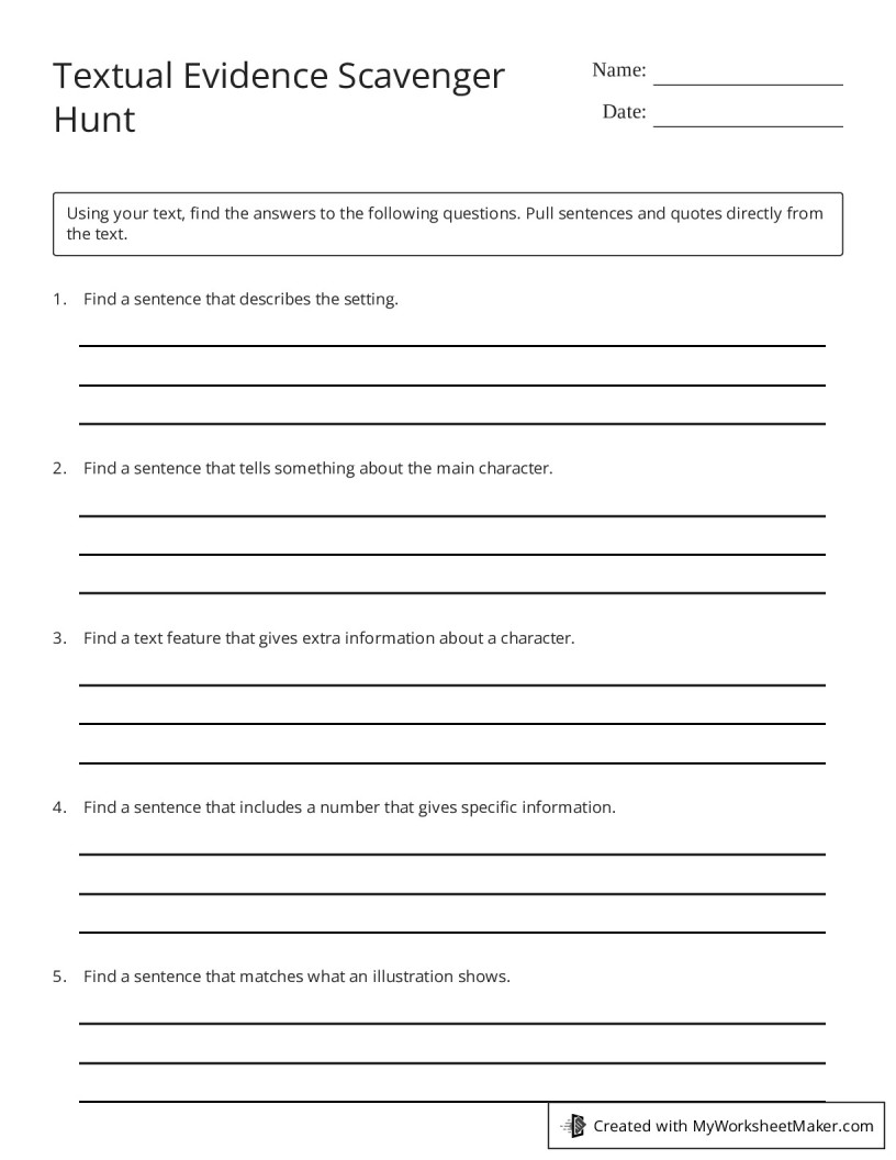 Textual Evidence Scavenger Hunt - My Worksheet Maker: Create Your Own ...