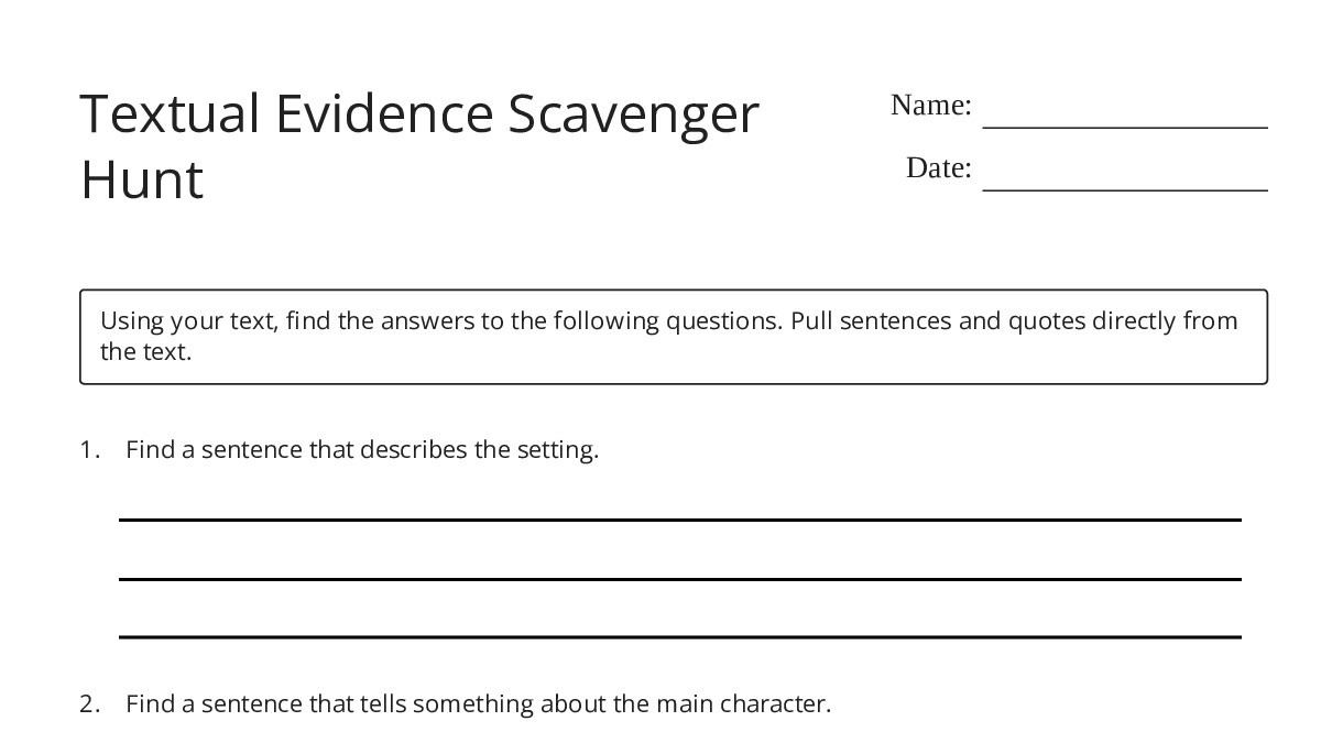 Textual Evidence Scavenger Hunt - My Worksheet Maker: Create Your Own ...