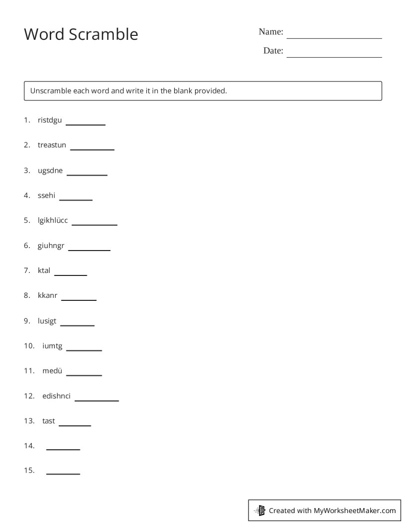 Word Scramble - My Worksheet Maker: Create Your Own Worksheets