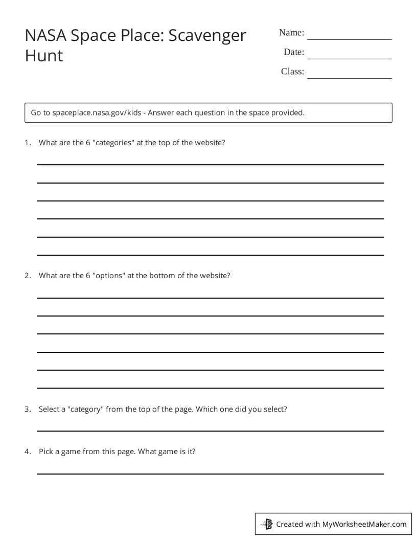 NASA Space Place: Scavenger Hunt - My Worksheet Maker: Create Your Own ...