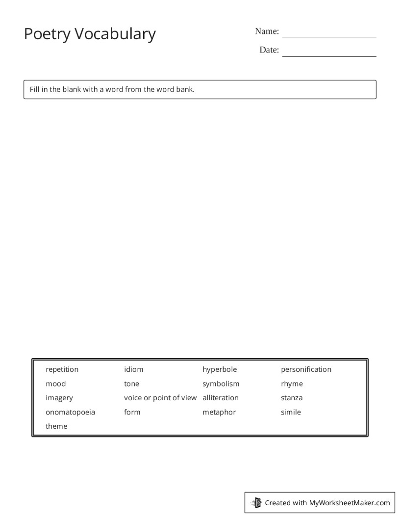 Poetry Vocabulary - My Worksheet Maker: Create Your Own Worksheets