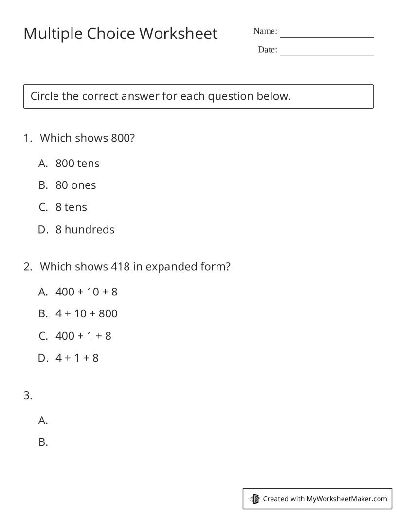 Multiple Choice Worksheet - My Worksheet Maker: Create Your Own Worksheets