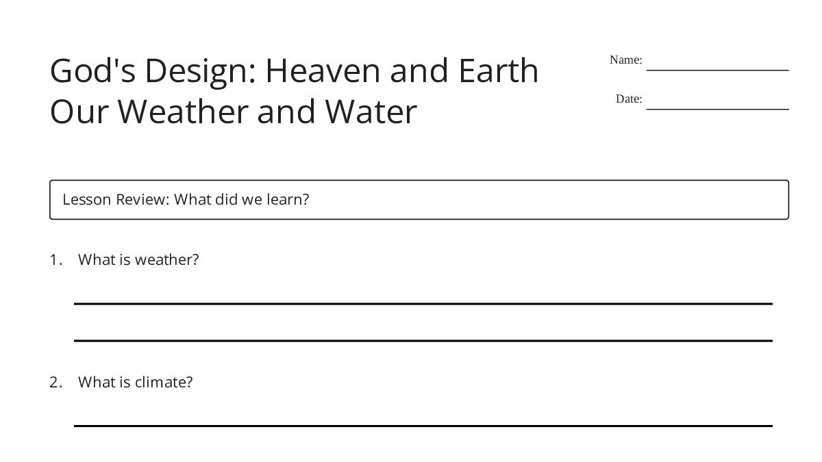God's Design: Heaven and Earth Our Weather and Water - My Worksheet ...